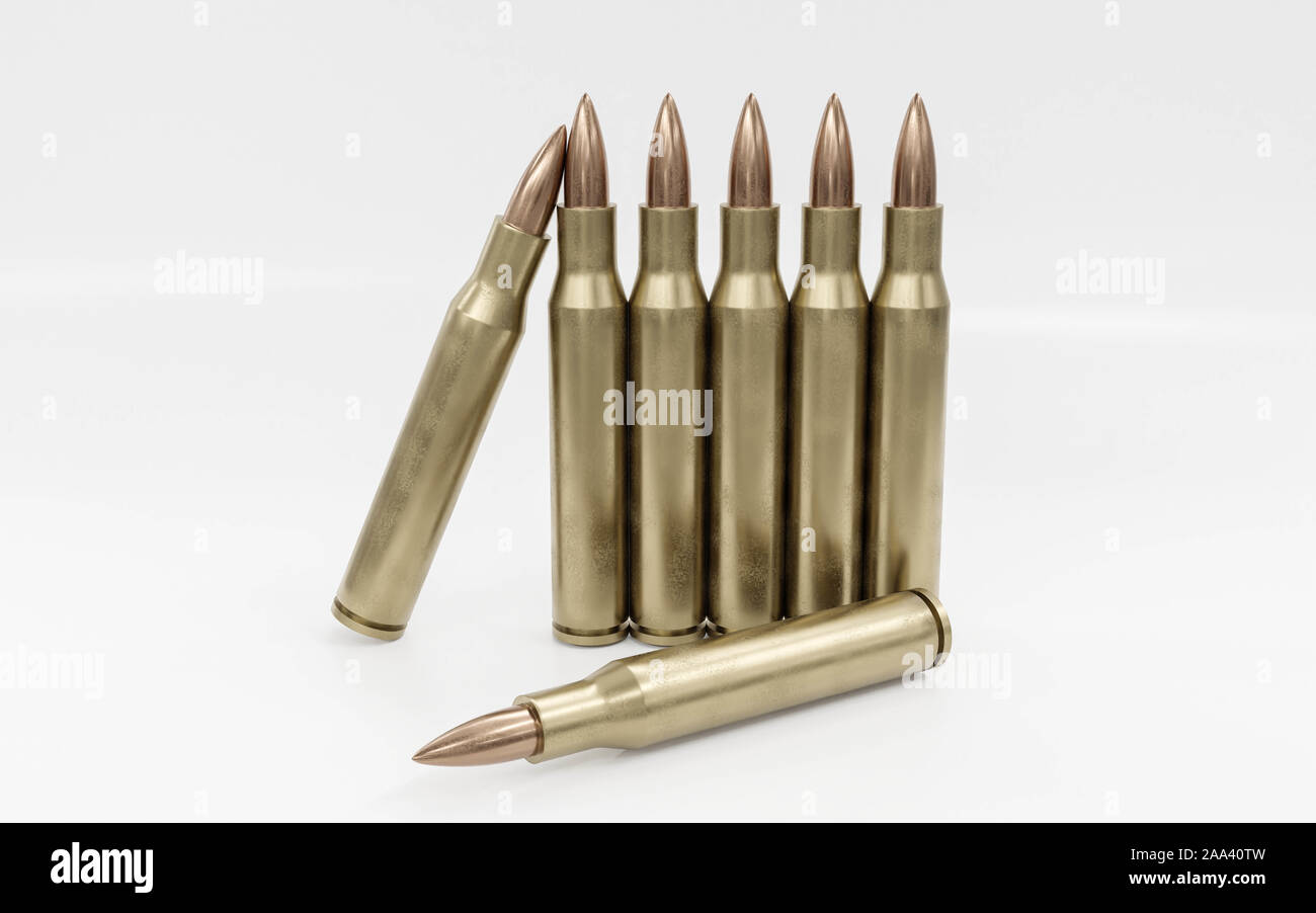 Bullets on white background. A group of rifle bullets isolated on white ...