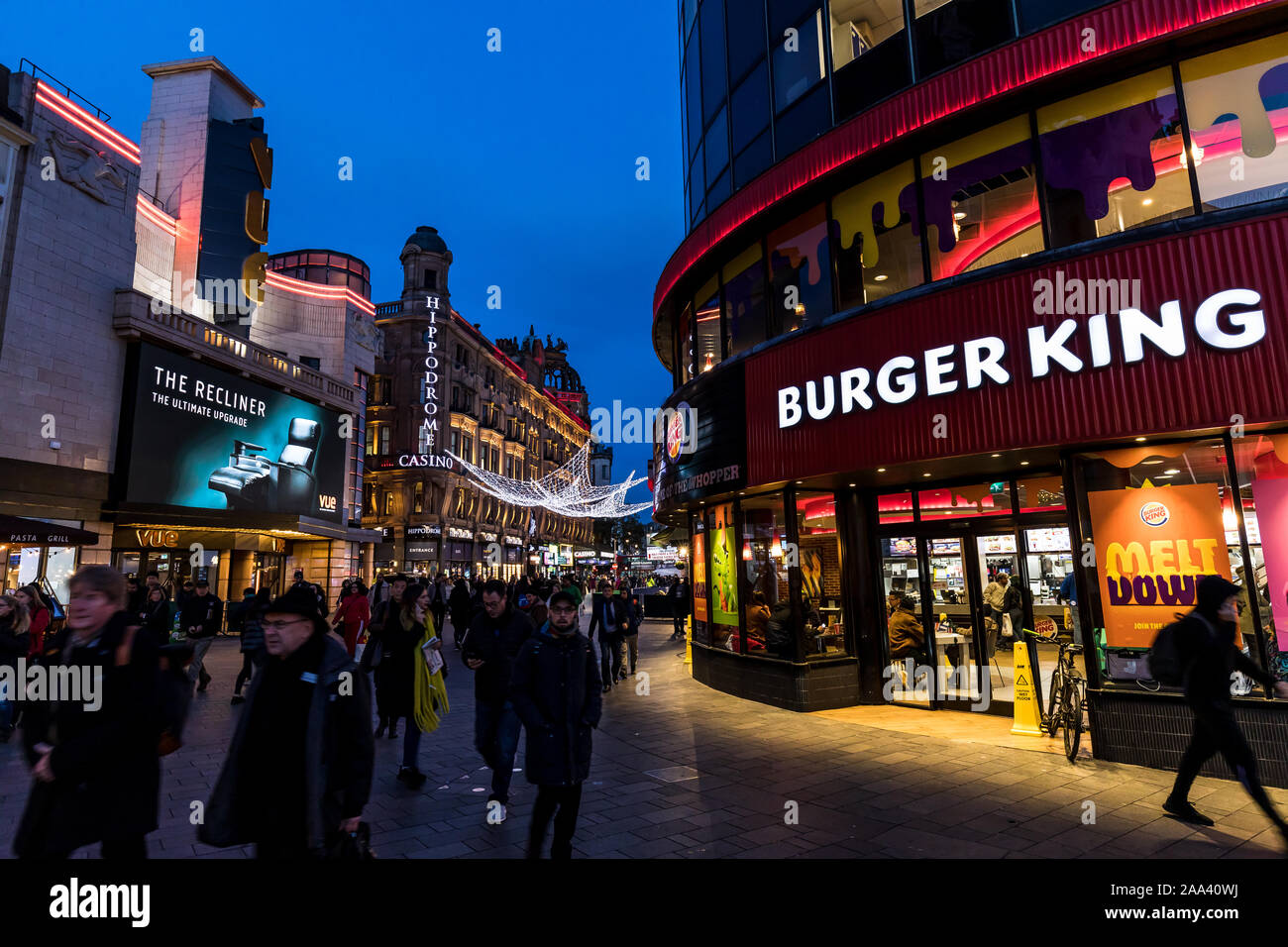 LONDON - NOVEMBER 13, 2019: Burger King people at night in Leicester ...