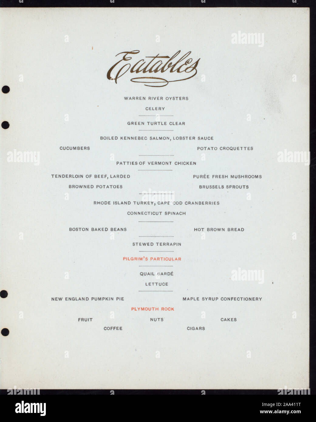 MENU REFERRED TO AS EATABLES; ILLUSTRATIONS OF NEW ENGLAND STATE SEALS ...