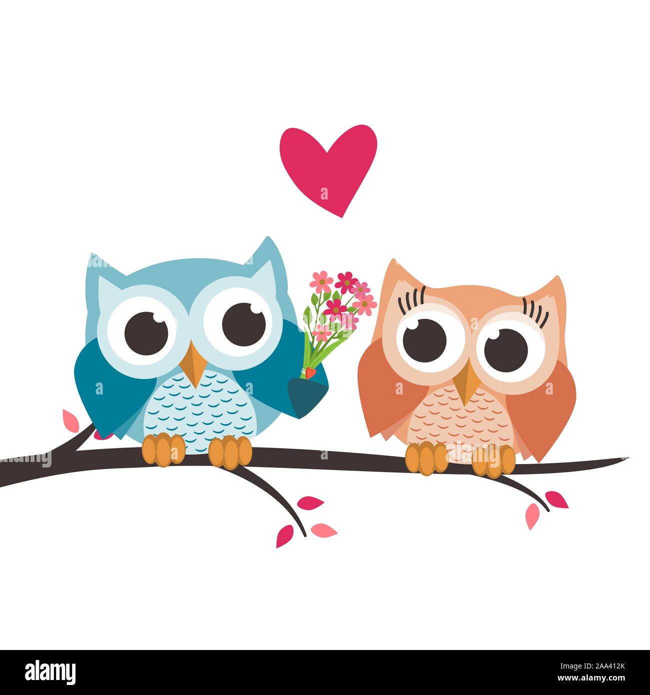 Valentine owls in love and a bouquet of flowers. Vector illustration ...