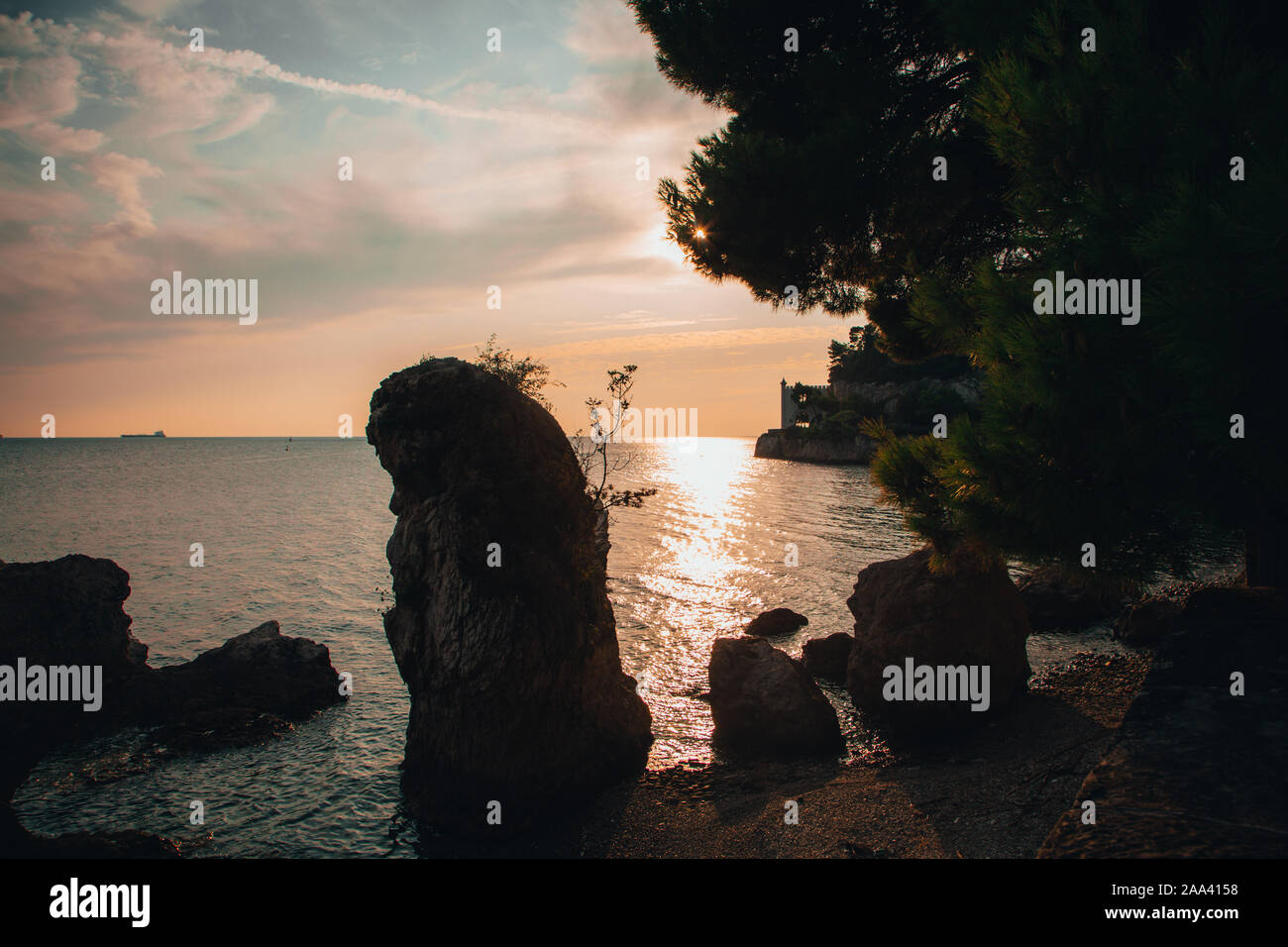 Dramatic view of the Mediterranean Sea coast at Trieste in Italy while ...