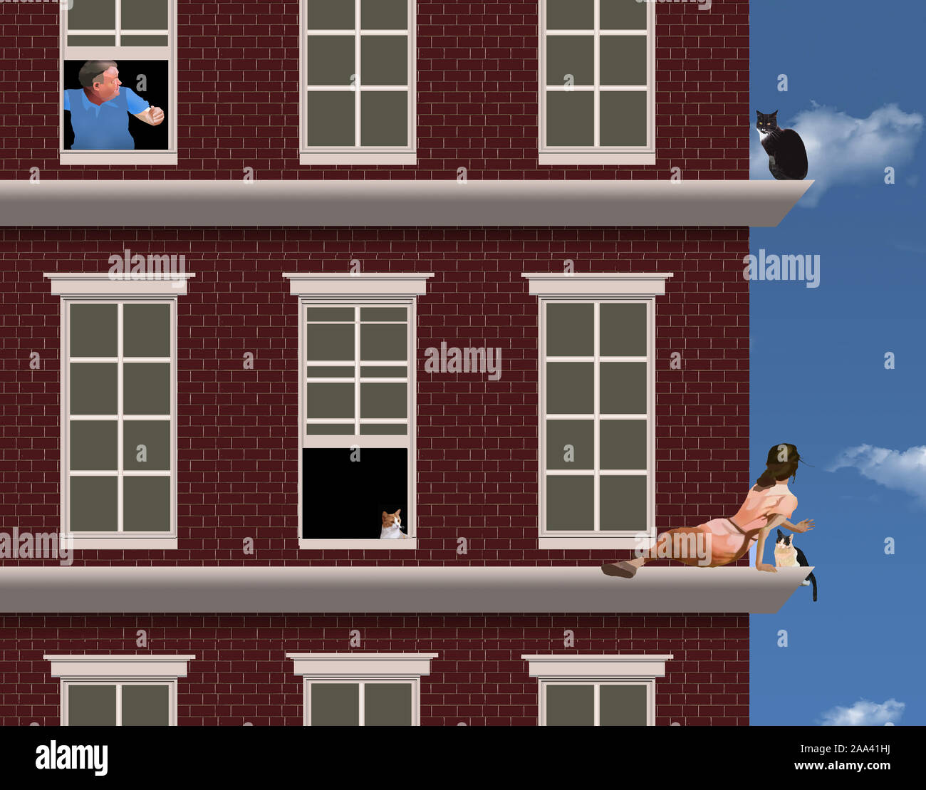 One cat owner is out on a ledge trying to save her cat while another ...