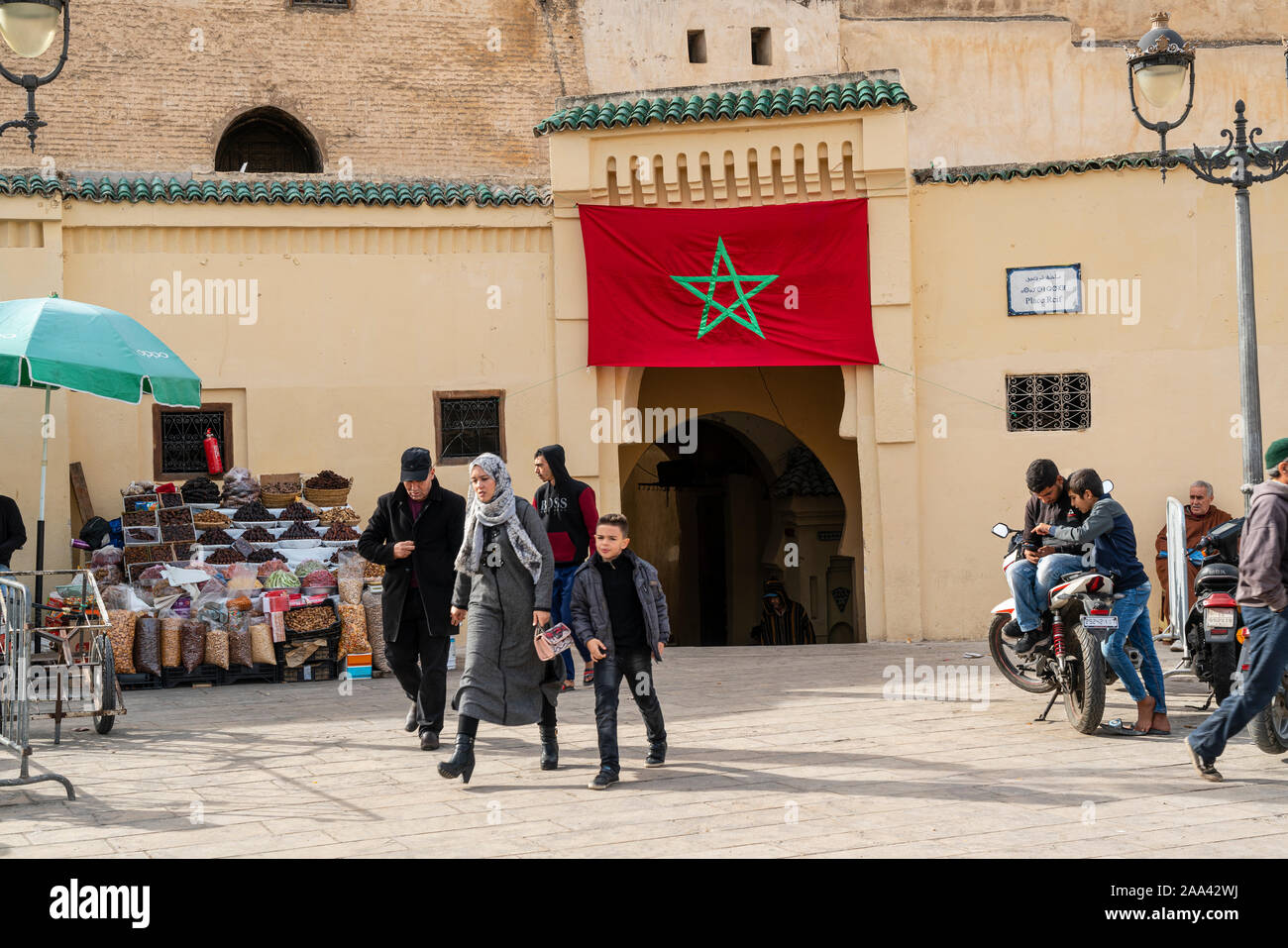 Fez, Morocco. November 9, 2019. the Moroccan flag hanging over an ...