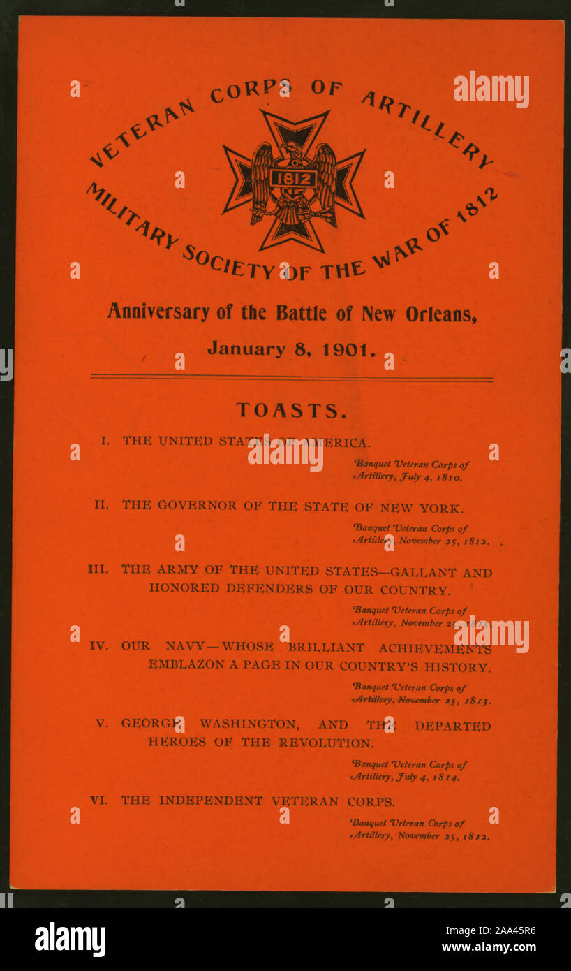 TWO CARDS, ONE WITH TOASTS;EMBLEM;ANNIVERSARY OF THE BATTLE OF NEW ...