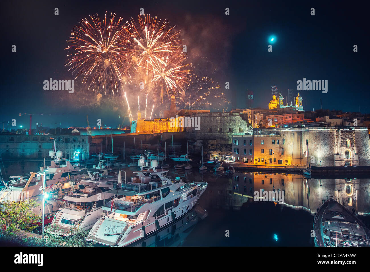 Malta Valletta night Festival of fireworks. Travel concept Stock Photo ...