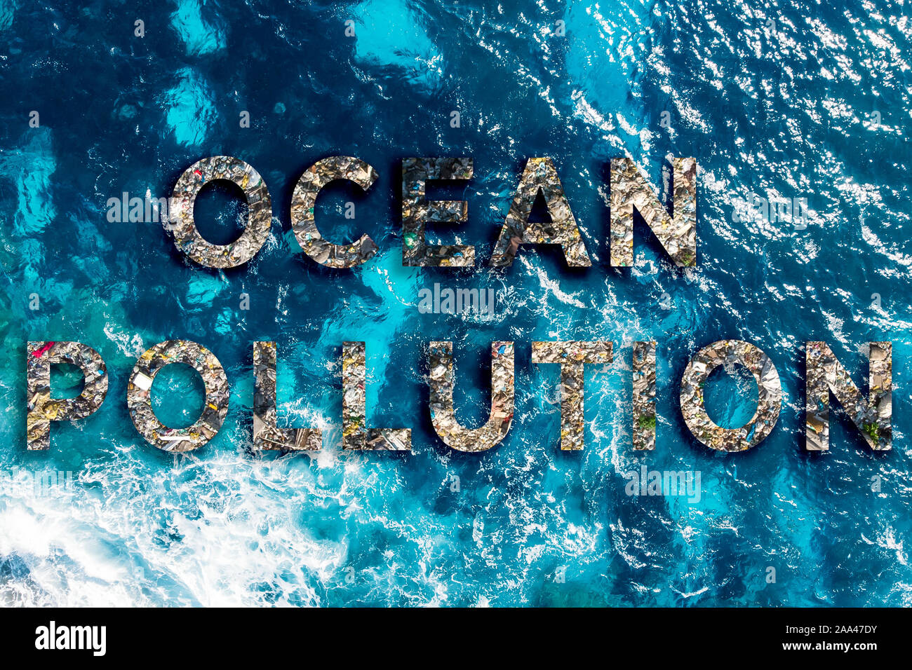 Concept environmental text ocean pollution water with plastic and human ...