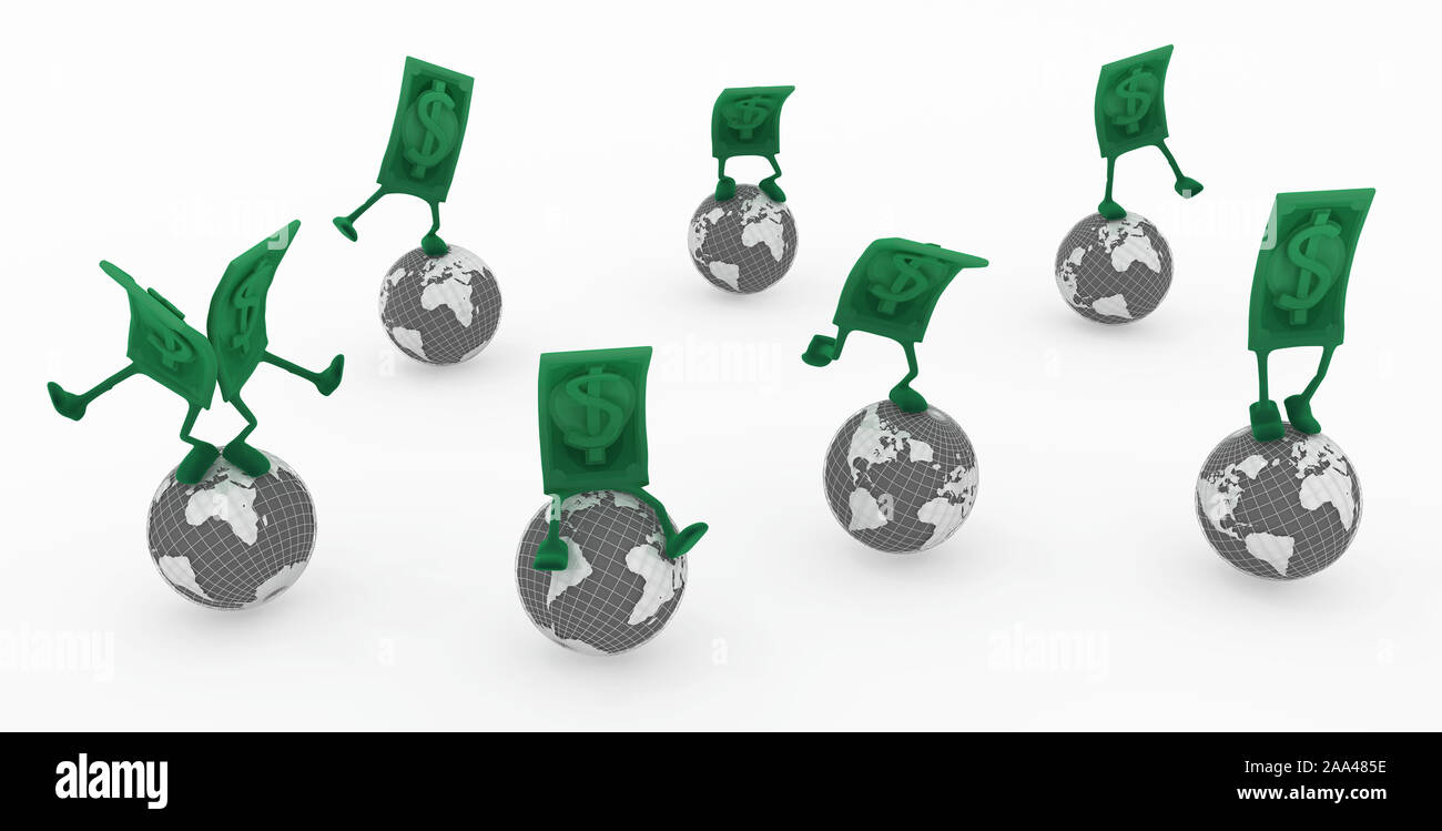 Dollar money symbol cartoon characters balancing on world globes, 3d ...