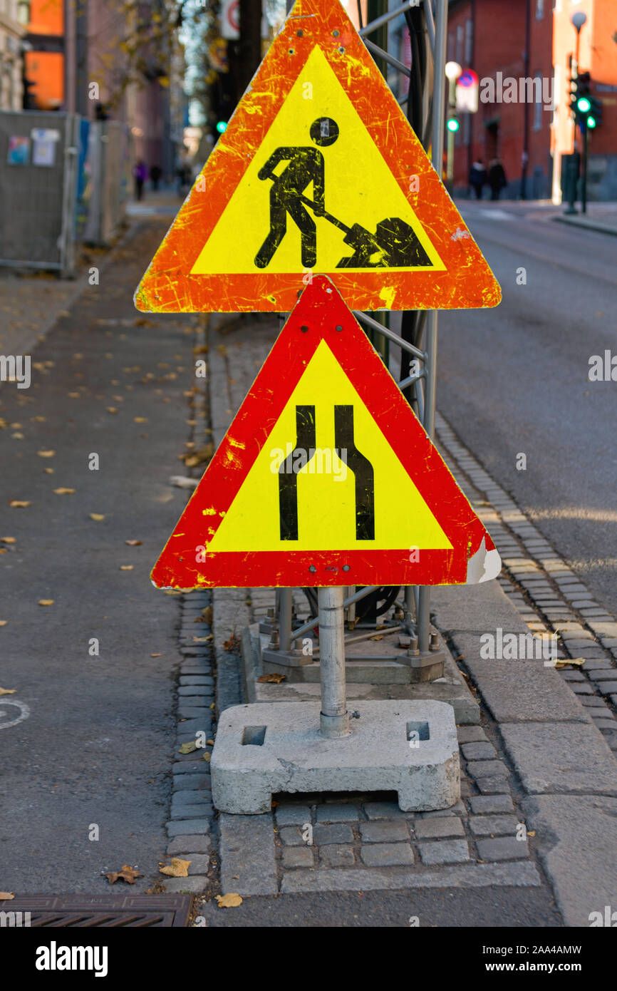 Temporary Traffic Sign Pole For Road Works in City Stock Photo - Alamy