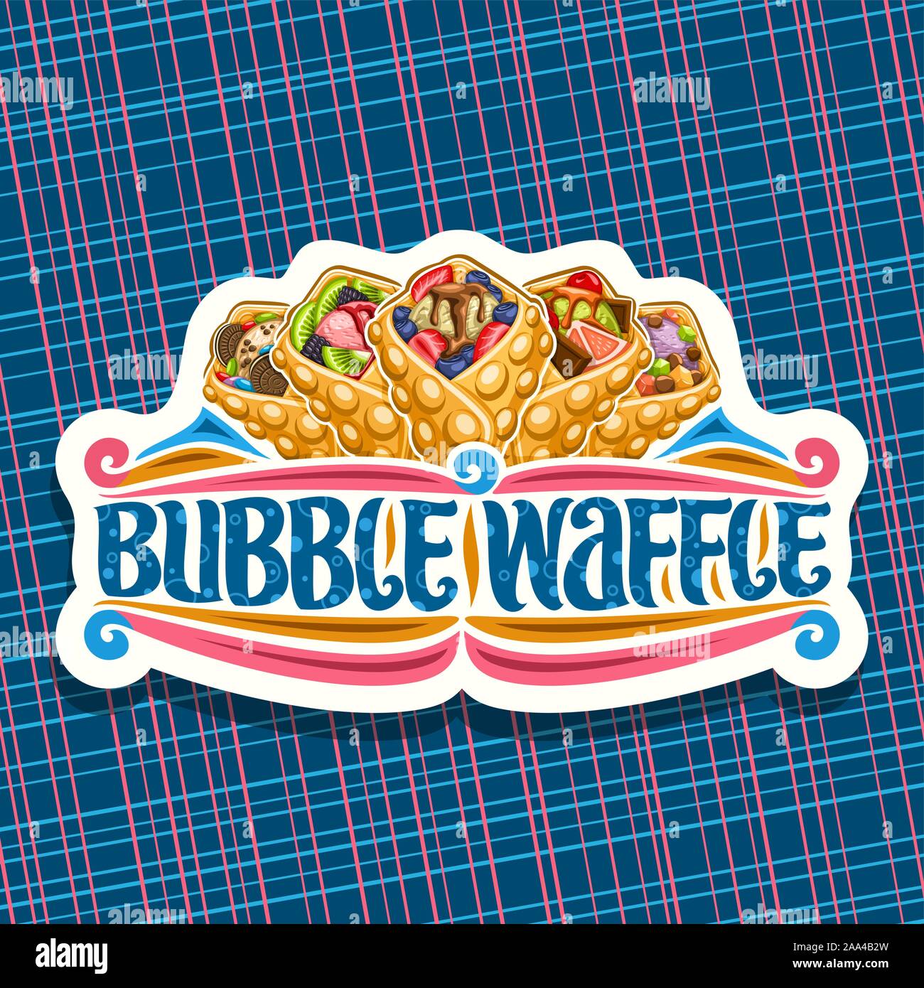 Vector logo for Bubble Waffle, decorative cut paper badge with 5 ...
