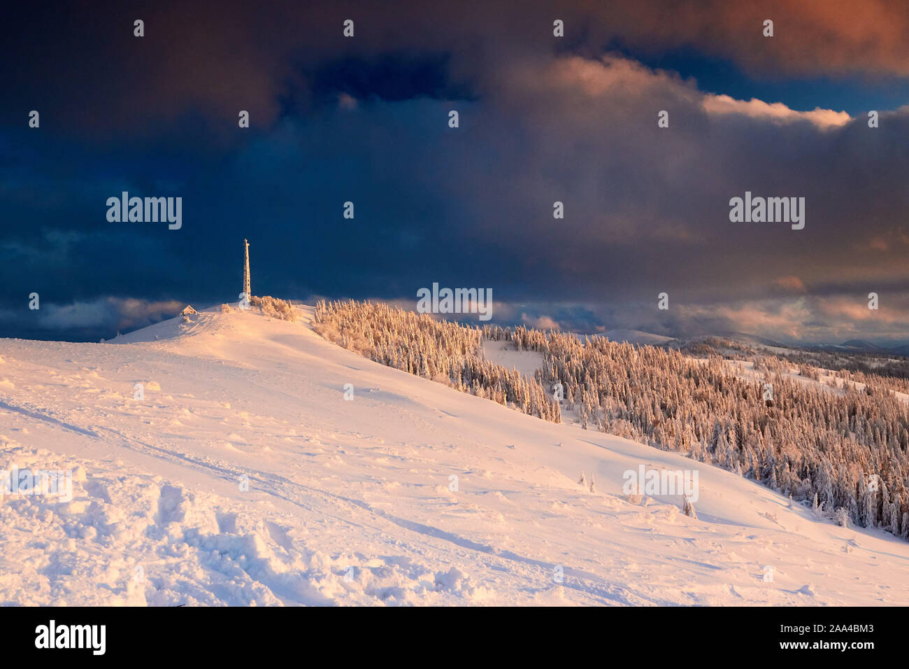 Icy cellular base station antenna covered with snow. Cell site tower on ...
