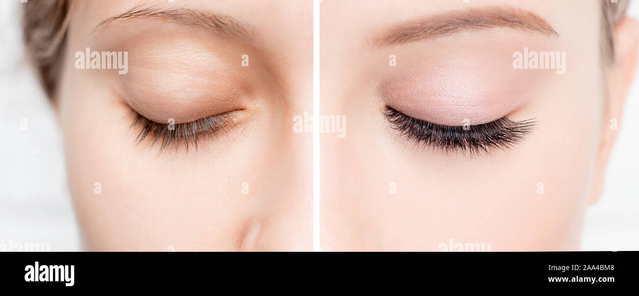 Eyelash extensionl procedure before and after. Beautiful woman with ...