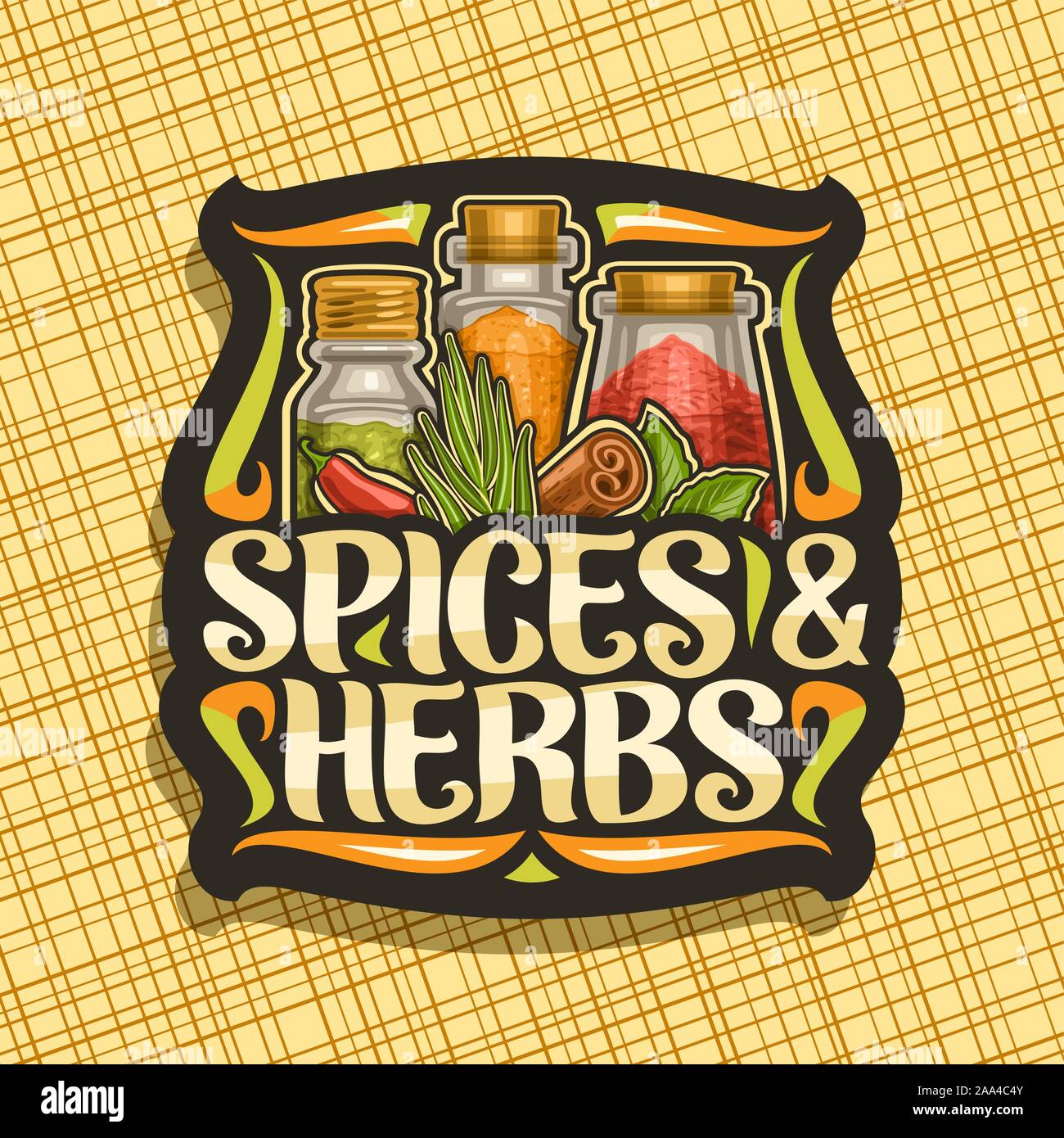 Vector logo for Spices and Herbs, black decorative sticker with ...