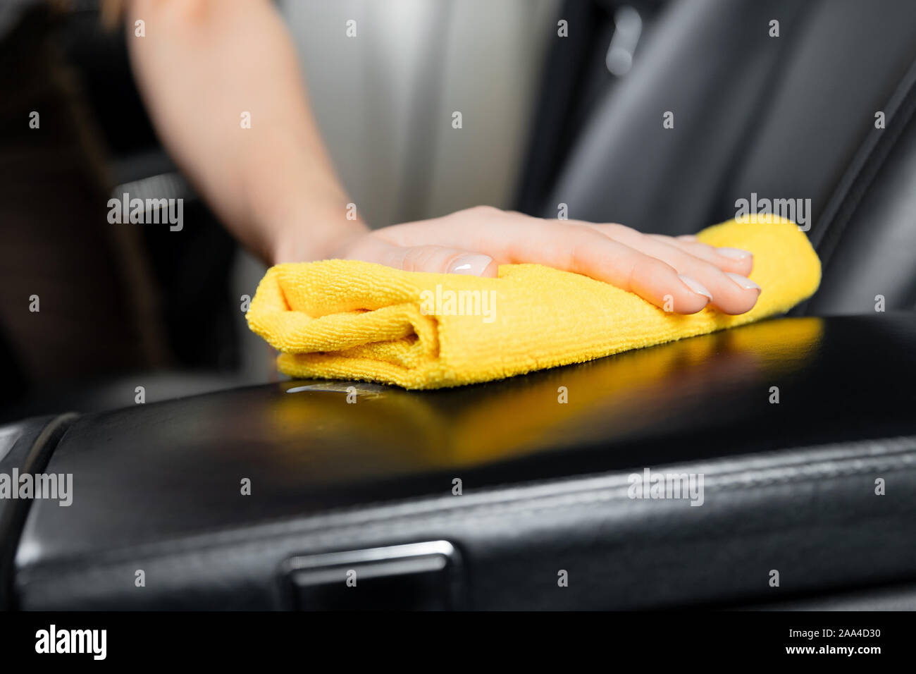 Car wash service, girl worker cleaning interior modern microfiber and ...