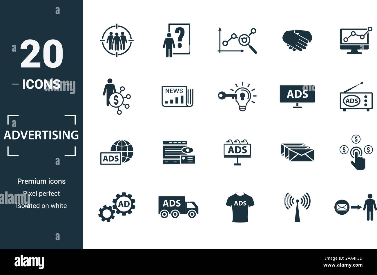 Advertising icon set. Include creative elements focus group, marketing ...