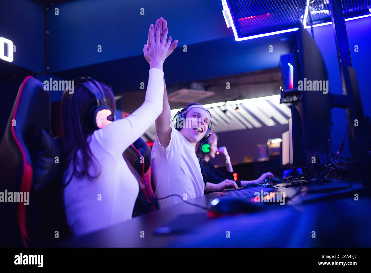 Team professional gamer playing winning tournaments online games ...