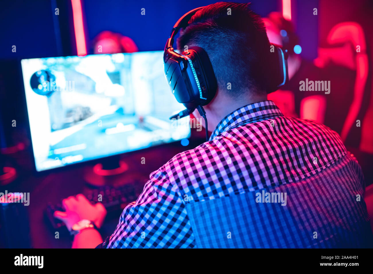 Professional cyber gamer studio room with personal computer armchair ...
