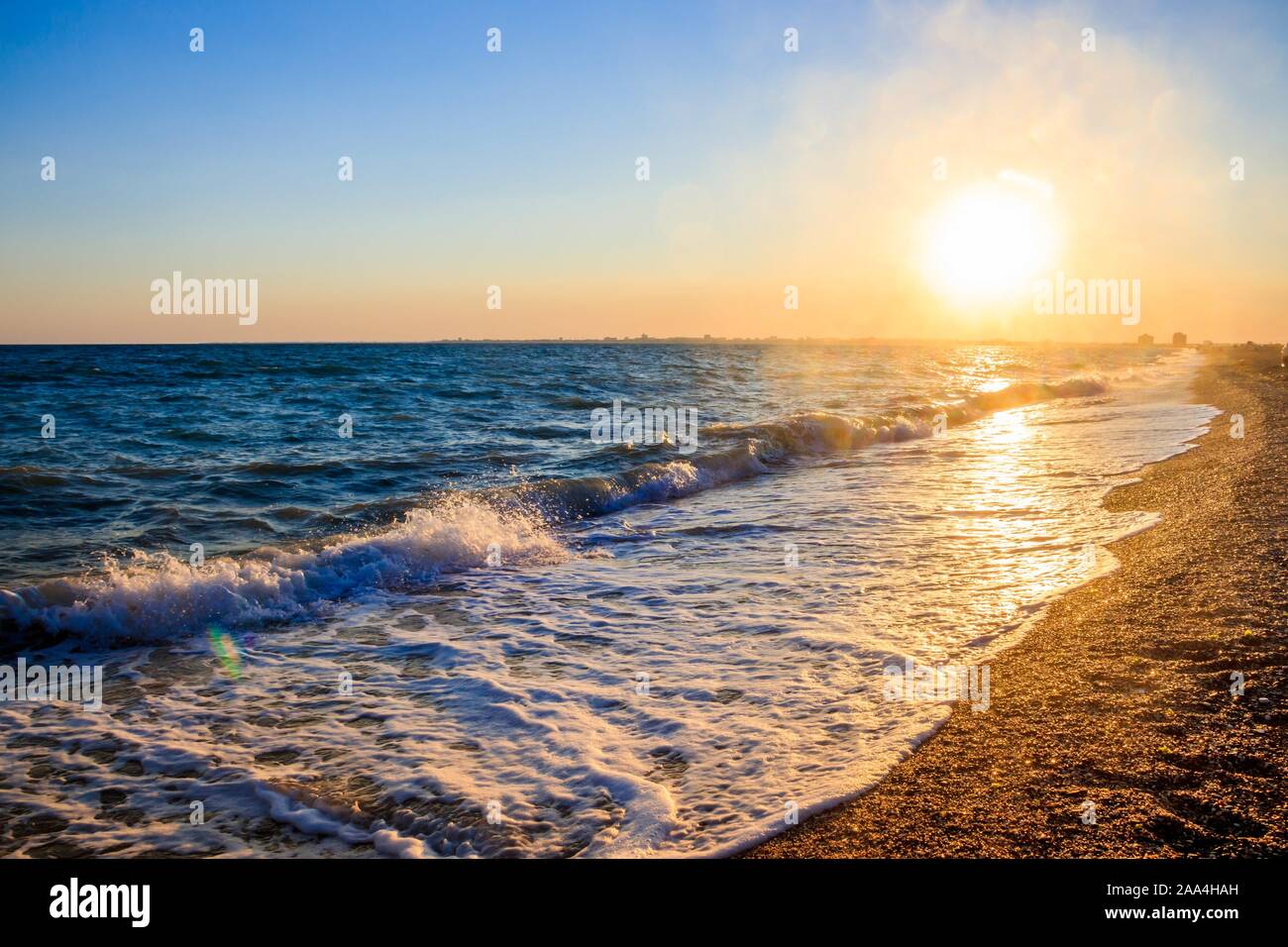 Sea waves. Sea of Crimea. High waves at sunset. Sunny day at sea ...