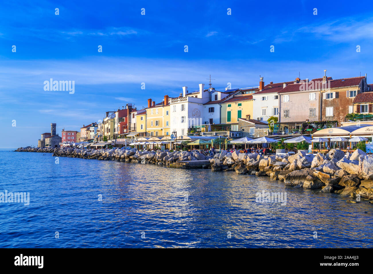 A view of the harbour in the medieval city of Piran, Slovenia, Europe ...