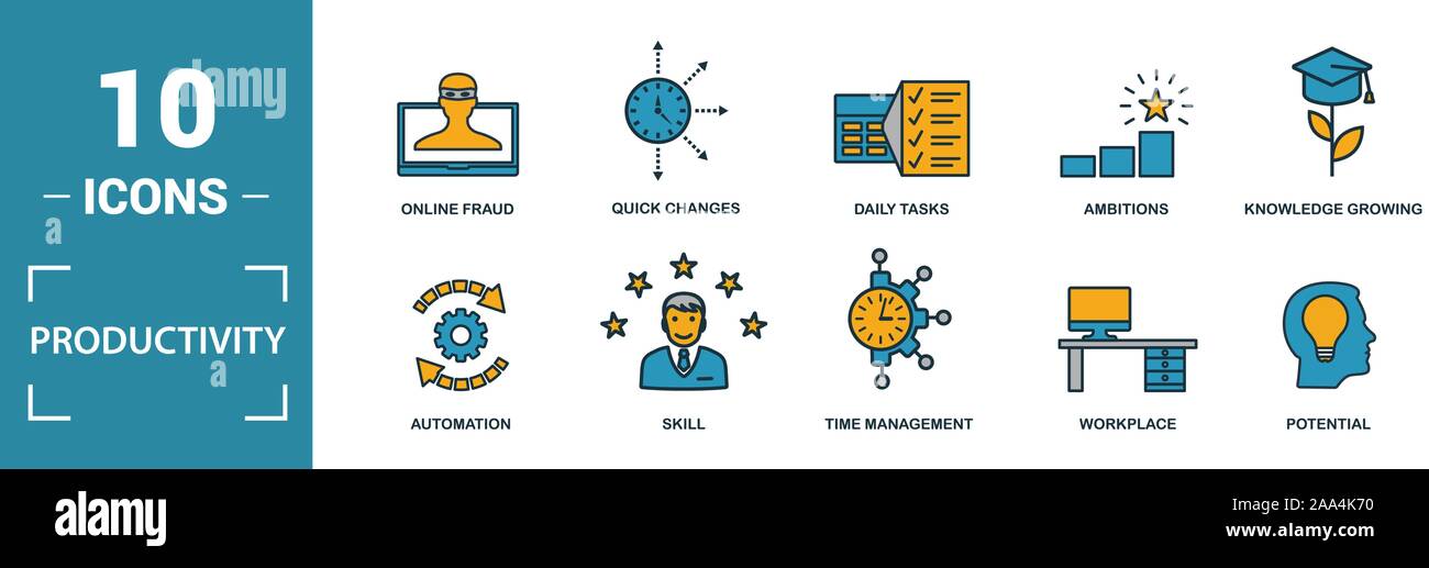 Productivity icon set. Include creative elements skill, time management ...