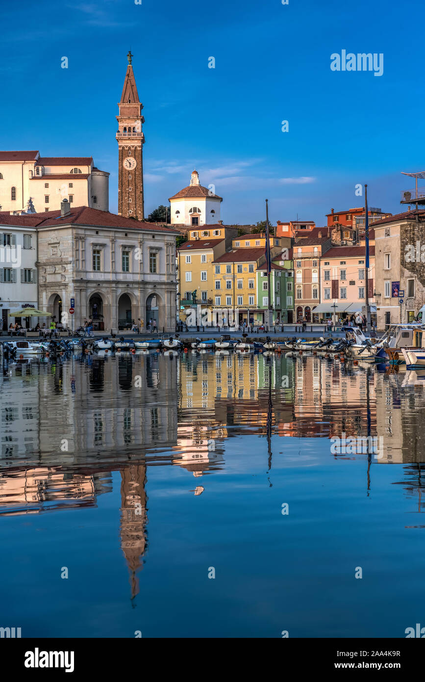 A view of the harbour in the medieval city of Piran, Slovenia, Europe ...