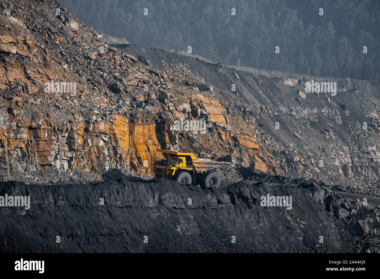 Open pit mine industry. Big yellow mining truck for overburden coal ...