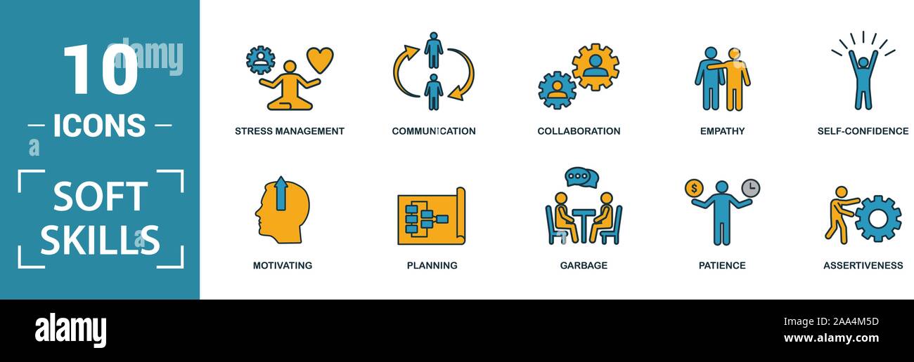 Soft Skills icon set. Include creative elements team spirit, personality, self-promotion ...