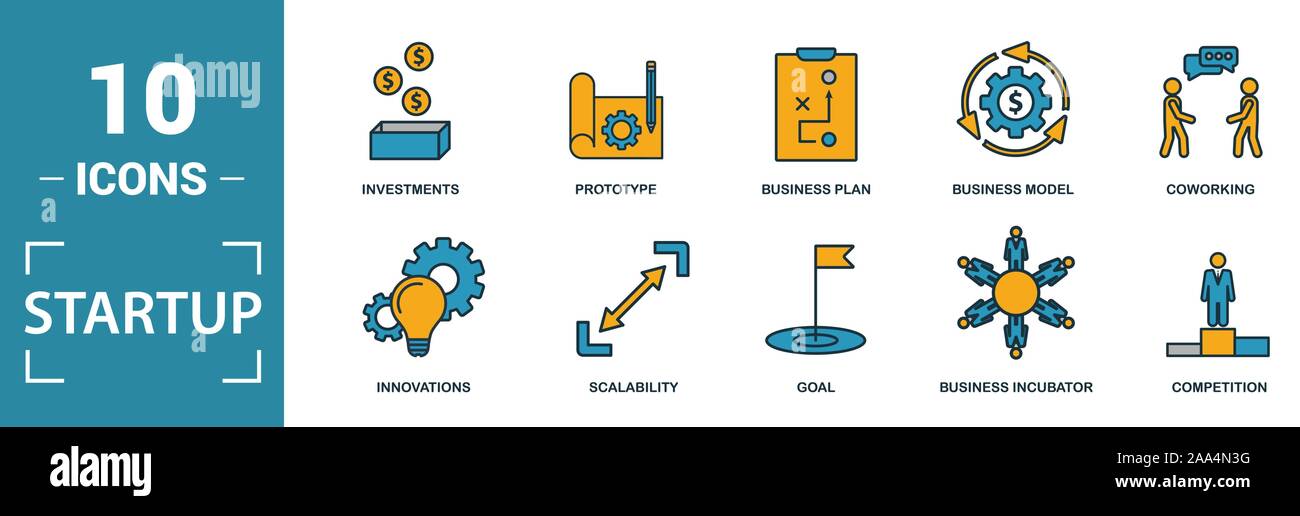 Startup icon set. Include creative elements goal, business plan ...