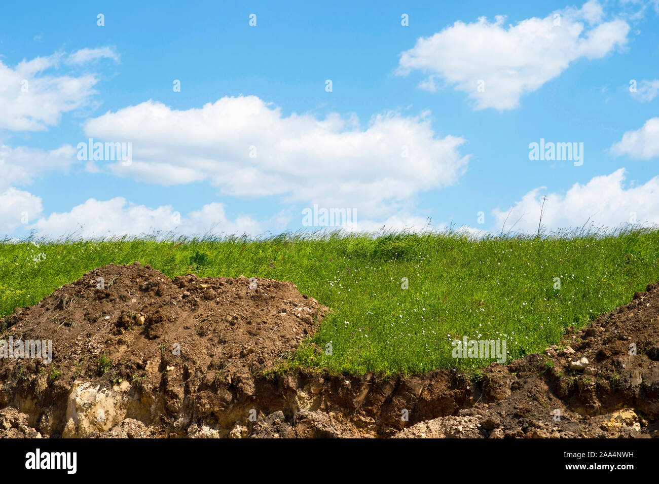 The dug-out land began construction of the road against the blue sky ...