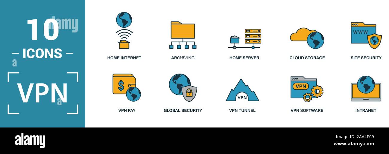 Vpn icon set. Include creative elements , archiving, site security, home server, cloud storage ...
