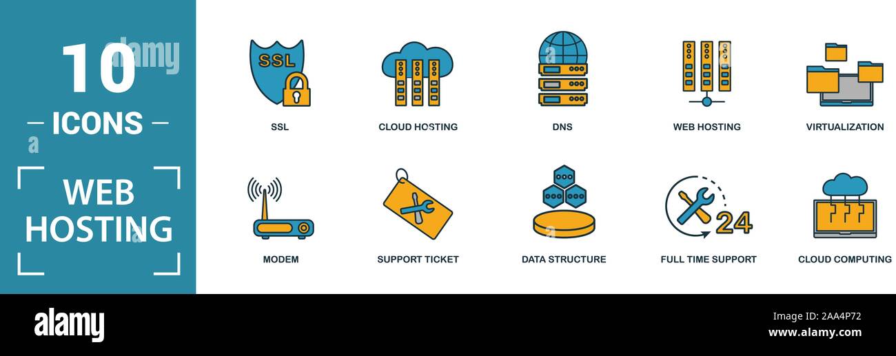 Web Hosting icon set. Include creative elements data structure, cloud technology, ssd, file ...