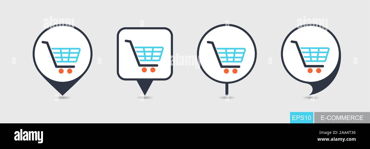 Shopping mall cart isolated vector pin map icon. E-commerce sign. Map ...