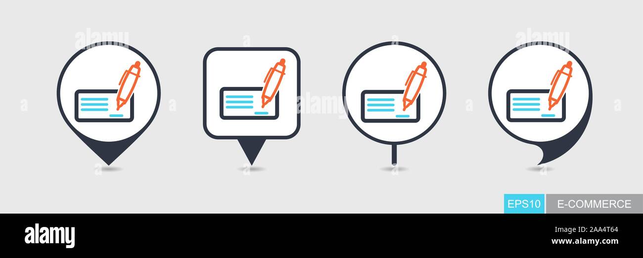 Blank bank check with pen and signature pin map icon. E-commerce sign ...