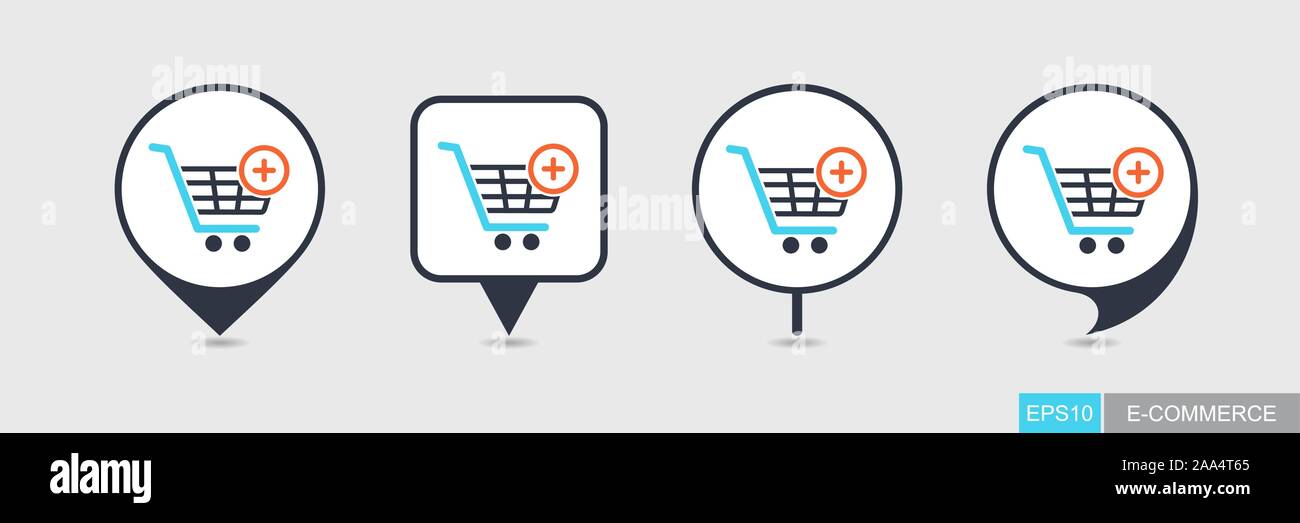 Shopping cart pin map icon with plus. Add from cart. E-commerce sign. Map pointer. Map markers ...