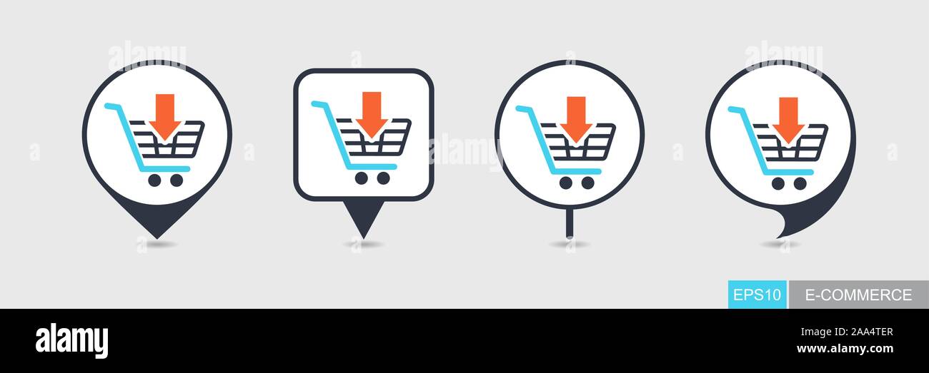 Shopping cart with an arrow pin map icon. E-commerce sign. Map pointer ...