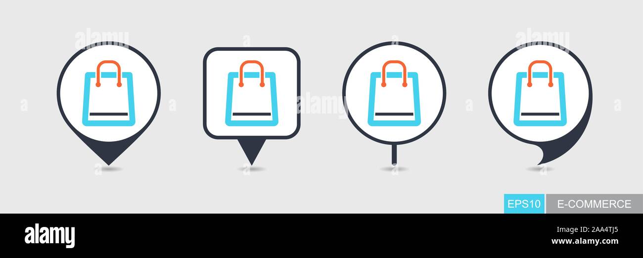 Shopping bag pin map icon. E-commerce sign. Map pointer. Map markers ...