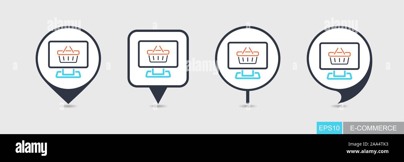 Computer display with shopping cart pin map icon vector. Online shoping ...