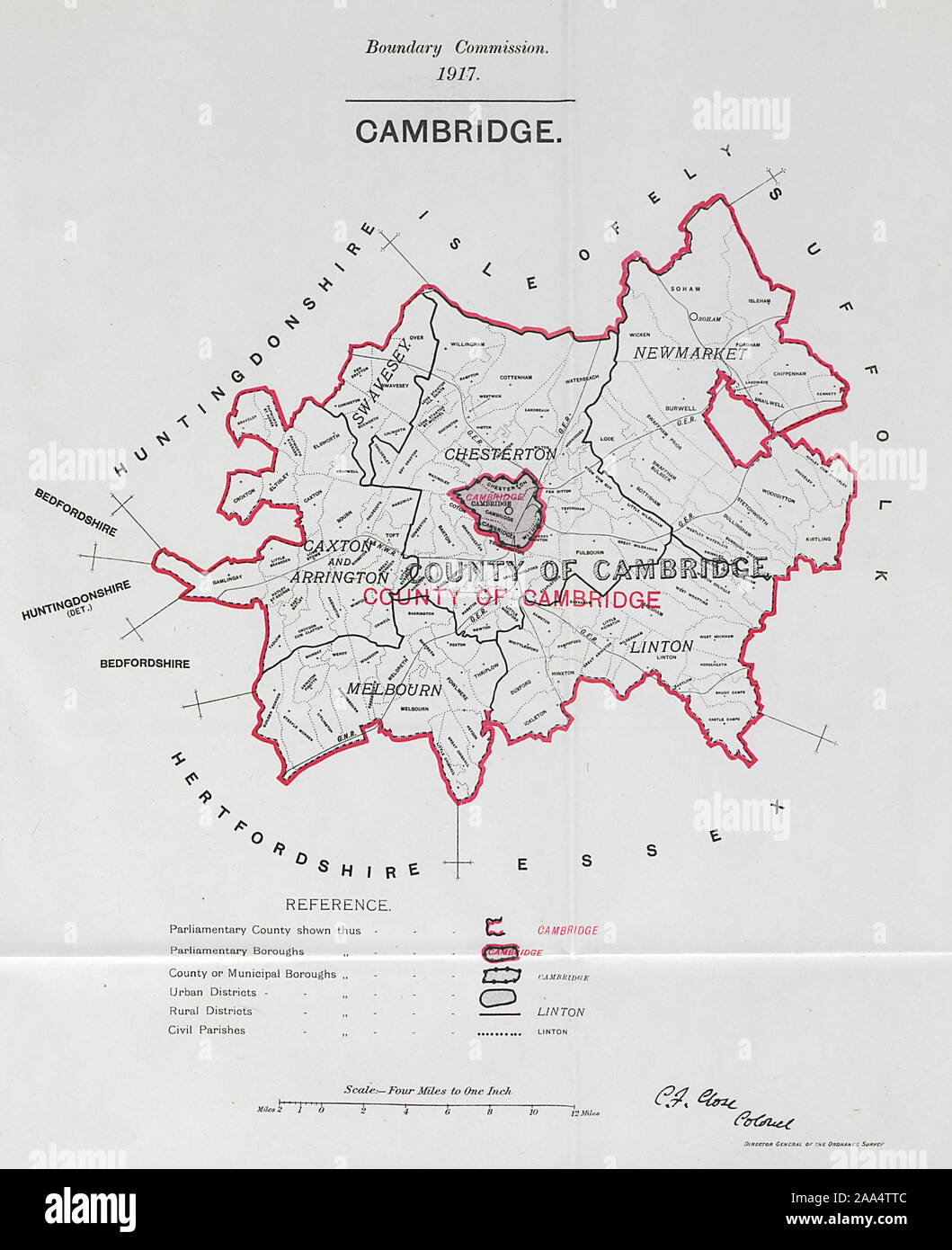 Cambridge Parliamentary County. BOUNDARY COMMISSION. Close 1917 old map ...