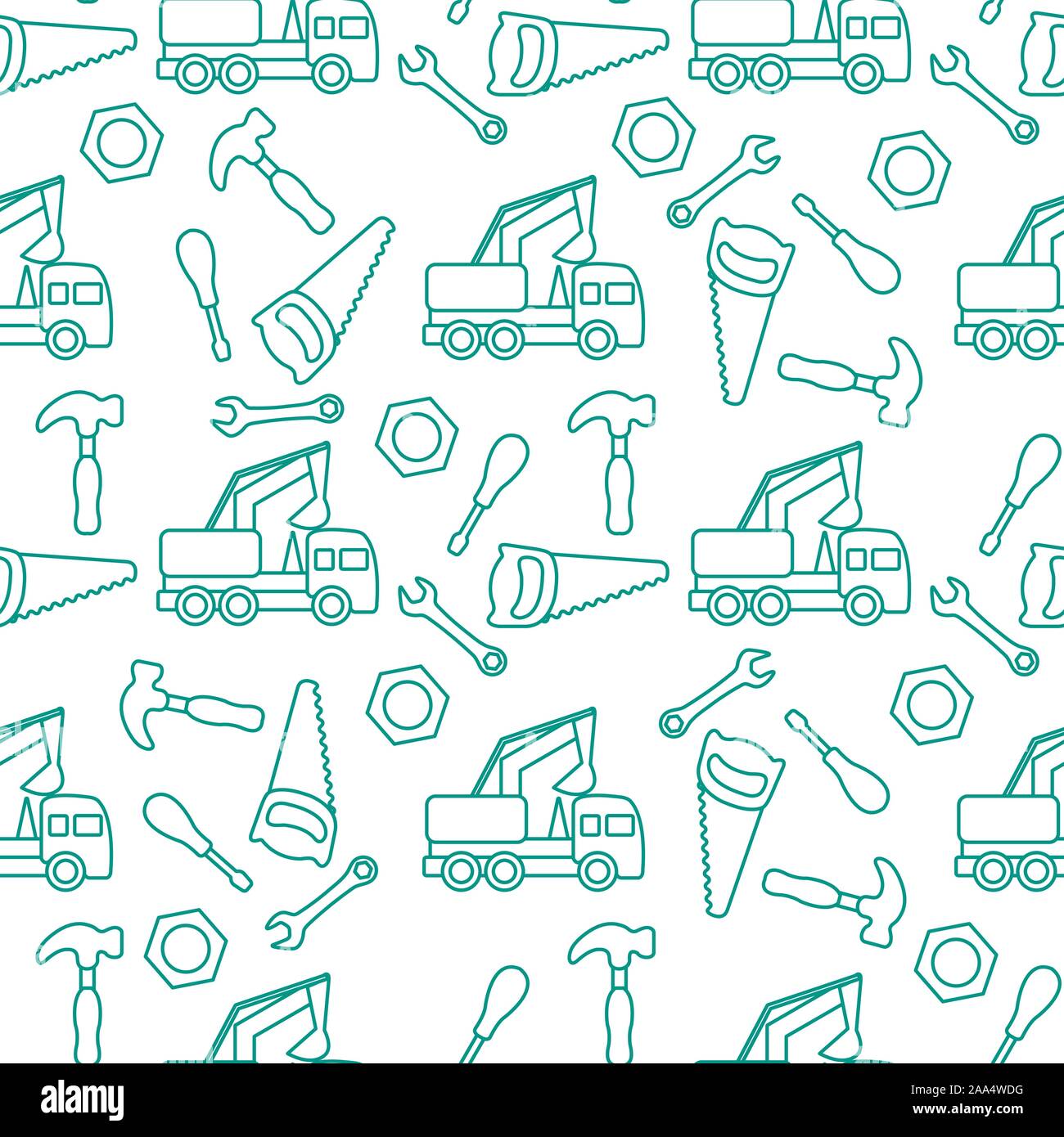 Vector seamless pattern with kid toys. Excavator, toy tools, saw ...
