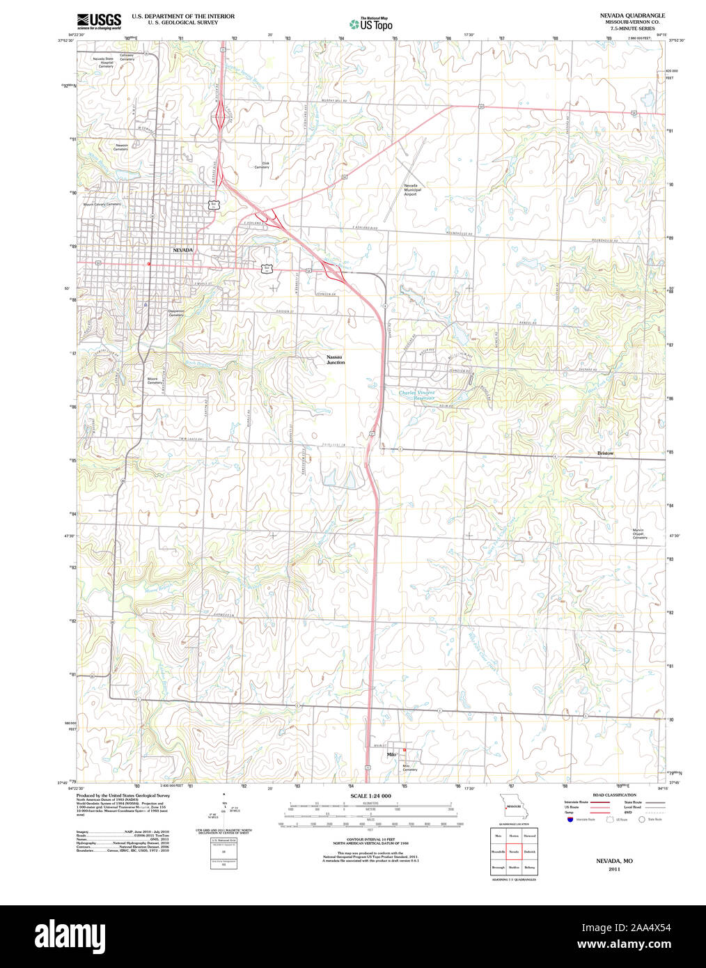 USGS TOPO Map Missouri MO Nevada 20111212 TM Restoration Stock Photo ...