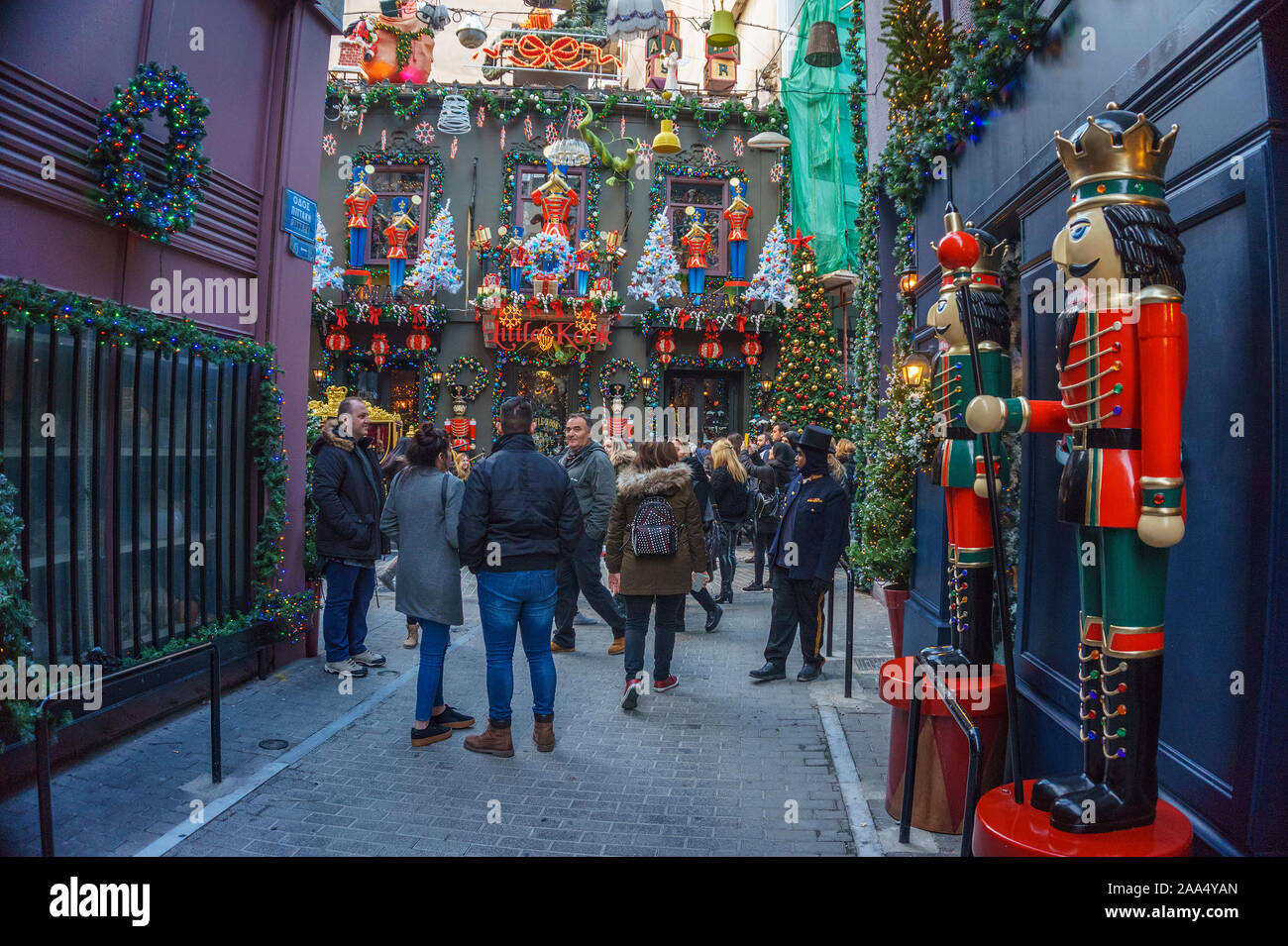 Colorful decorated streets at Psiri area in the center of Athens city ...