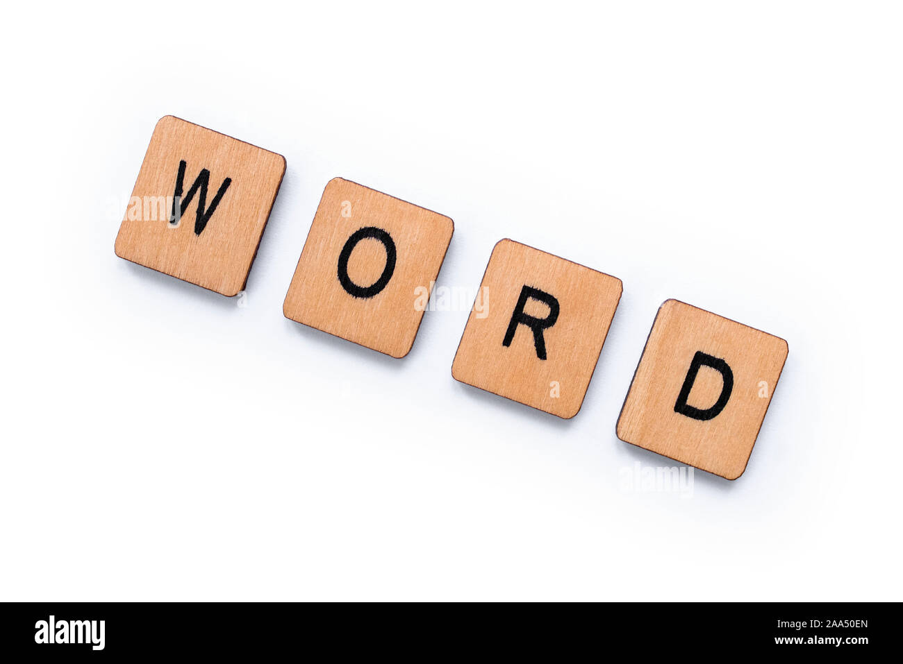 The word WORD, spelt with wooden letter tiles over a white background ...