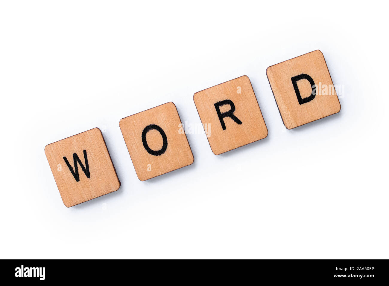 The word WORD, spelt with wooden letter tiles over a white background ...
