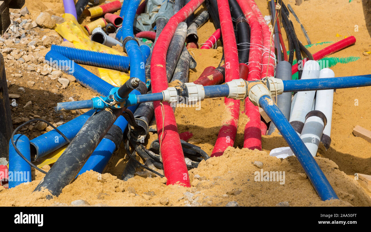 Construction site, pipes connection, european city Stock Photo - Alamy