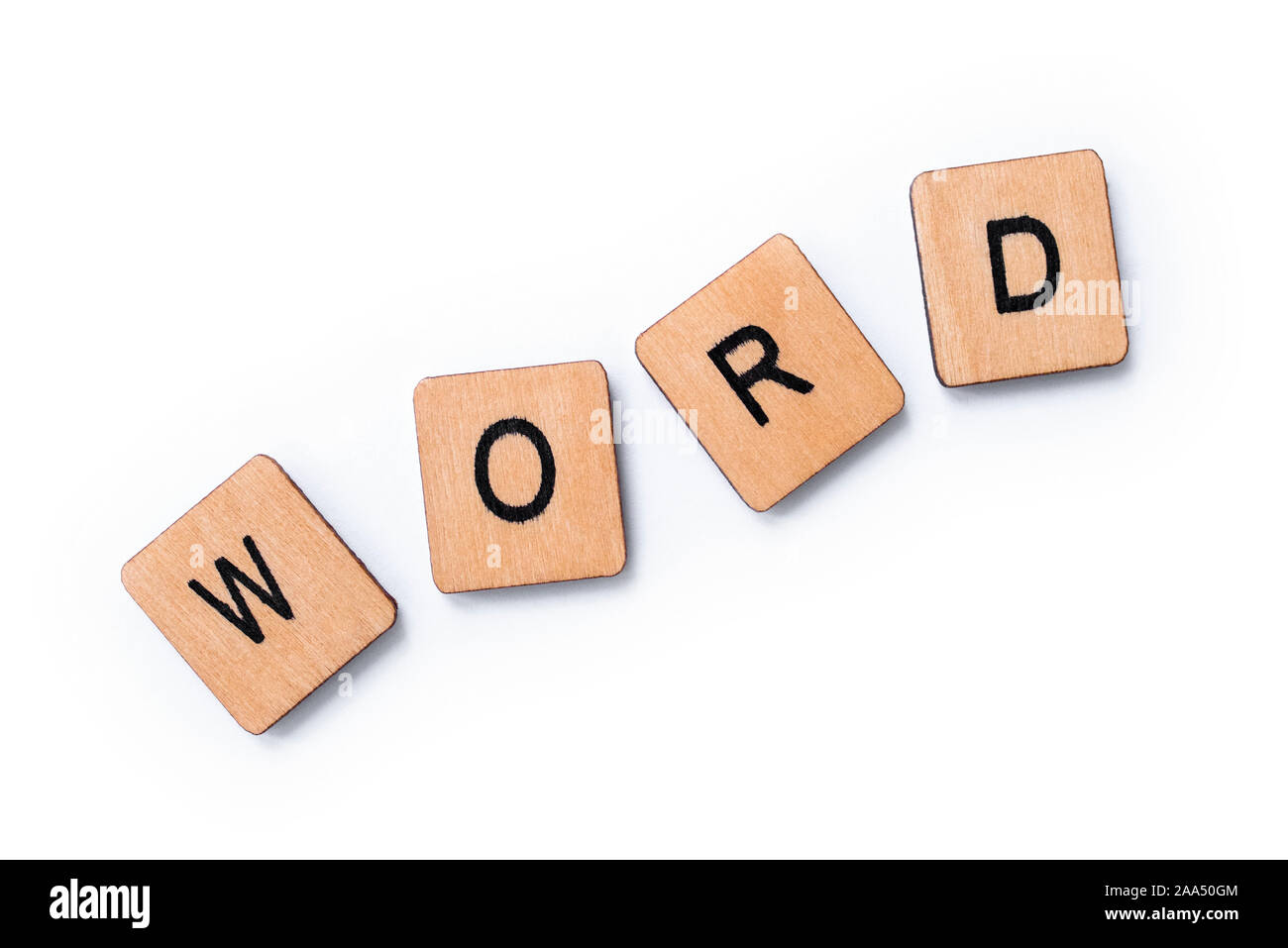 The word WORD, spelt with wooden letter tiles over a white background ...