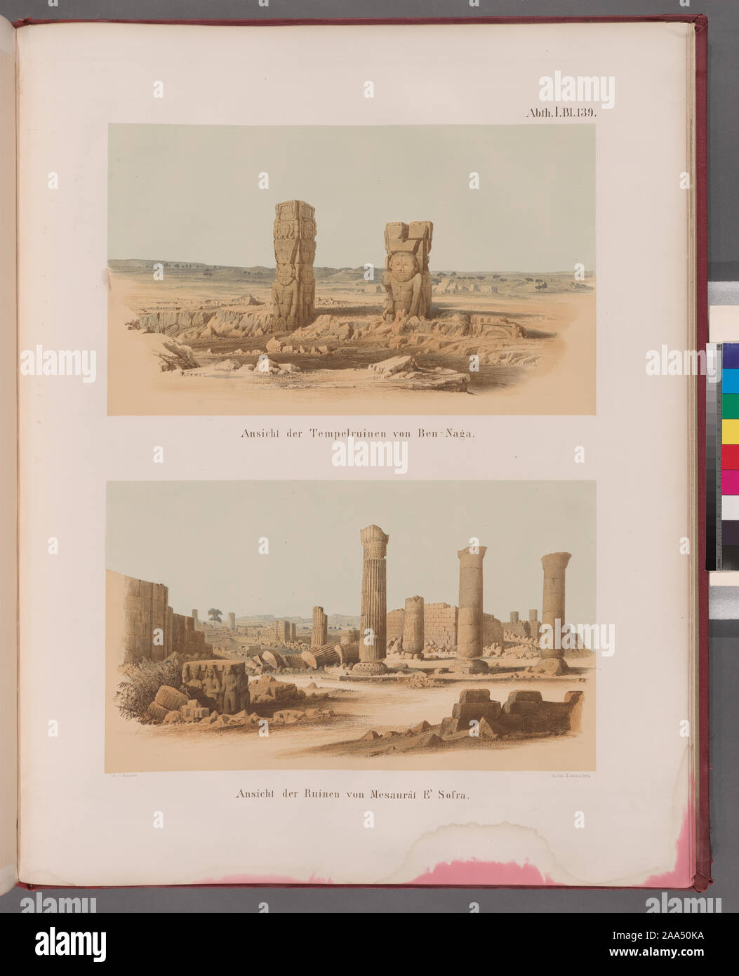 Ansicht der Tempelruinen von Ben-Naga; Ansicht der Ruinen von Mesaurât ...