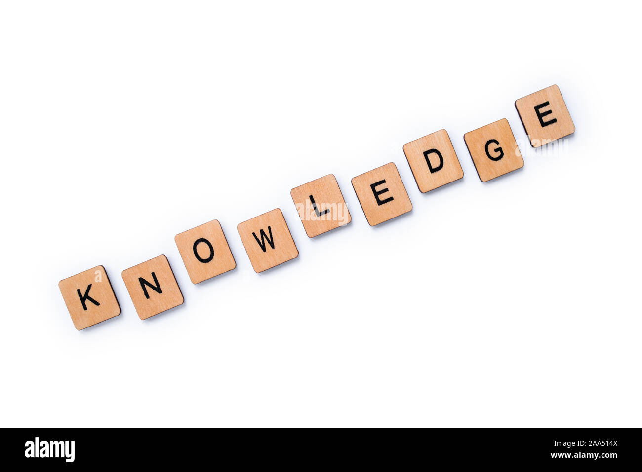 The word KNOWLEDGE, spelt with wooden letter tiles over a white ...