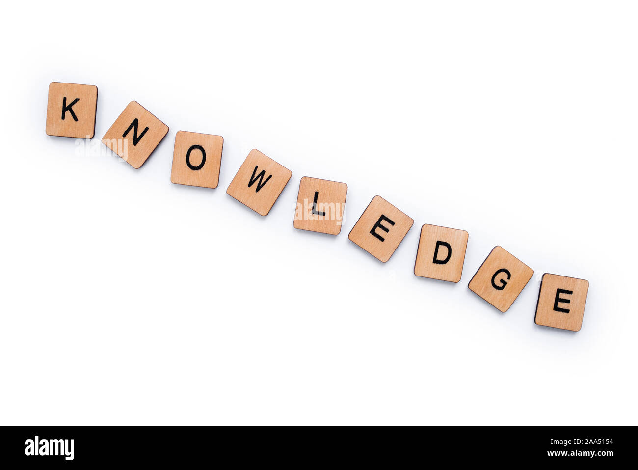 The word KNOWLEDGE, spelt with wooden letter tiles over a white ...