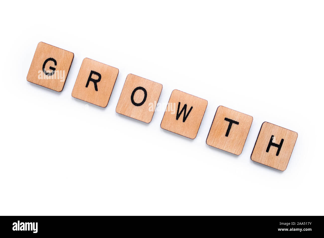 The word GROWTH, spelt with wooden letter tiles over a white background ...