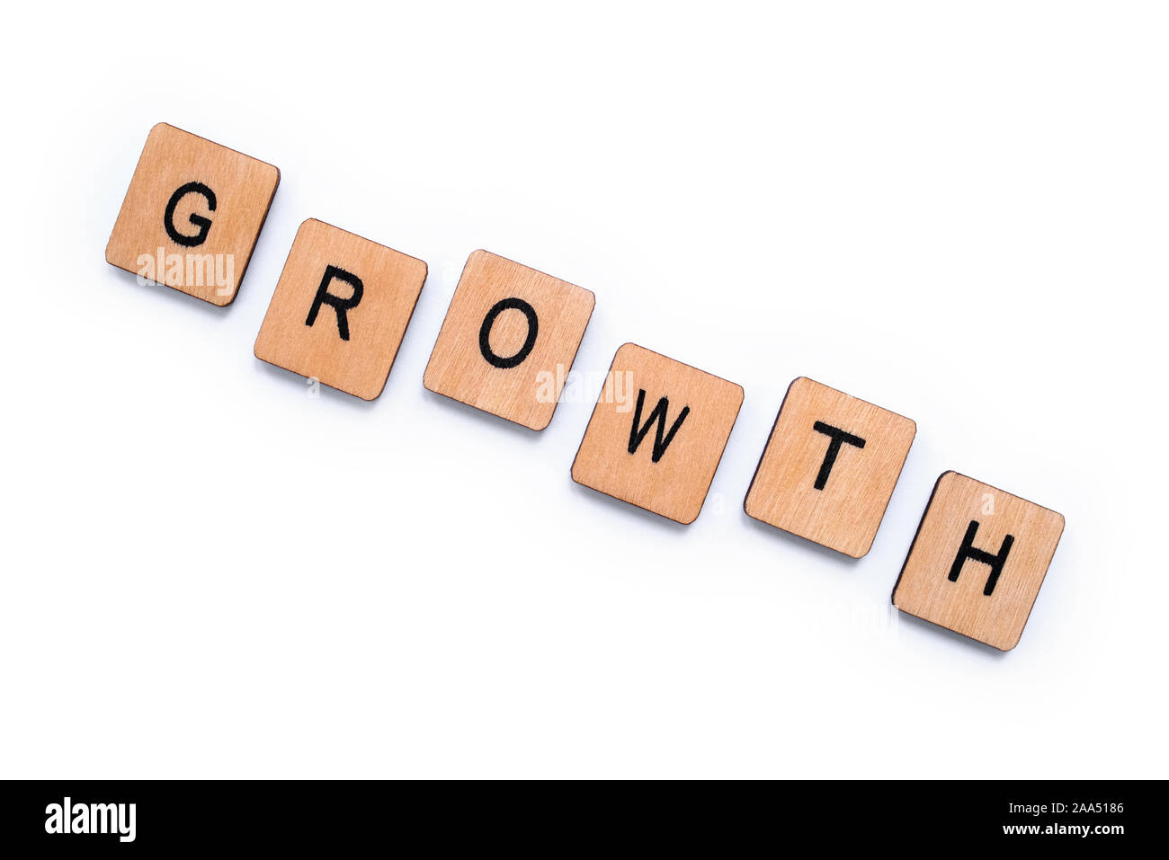 The word GROWTH, spelt with wooden letter tiles over a white background ...