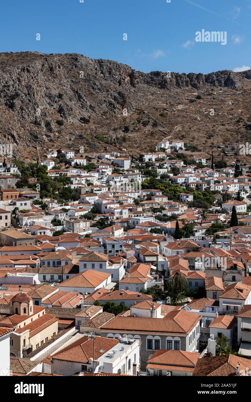 City view with Traditional buildings in Hydra Island, Greece Stock ...